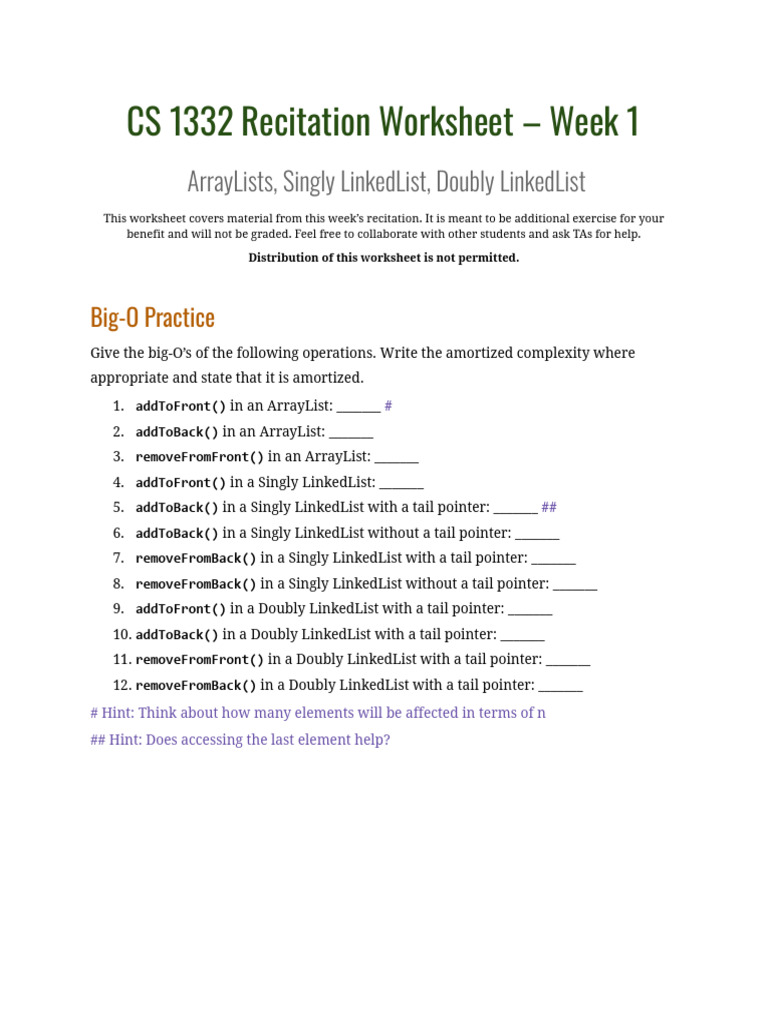 CS 1332 F24 Worksheet 1 | PDF | Pointer (Computer Programming) | Software Engineering