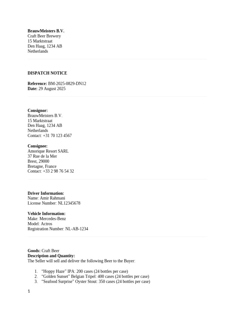 Dispatch Notice for Craft Beer Shipment | PDF
