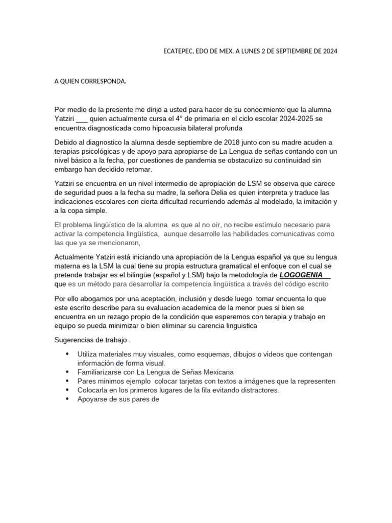 Apoyo educativo para Yatziri con hipoacusia | PDF