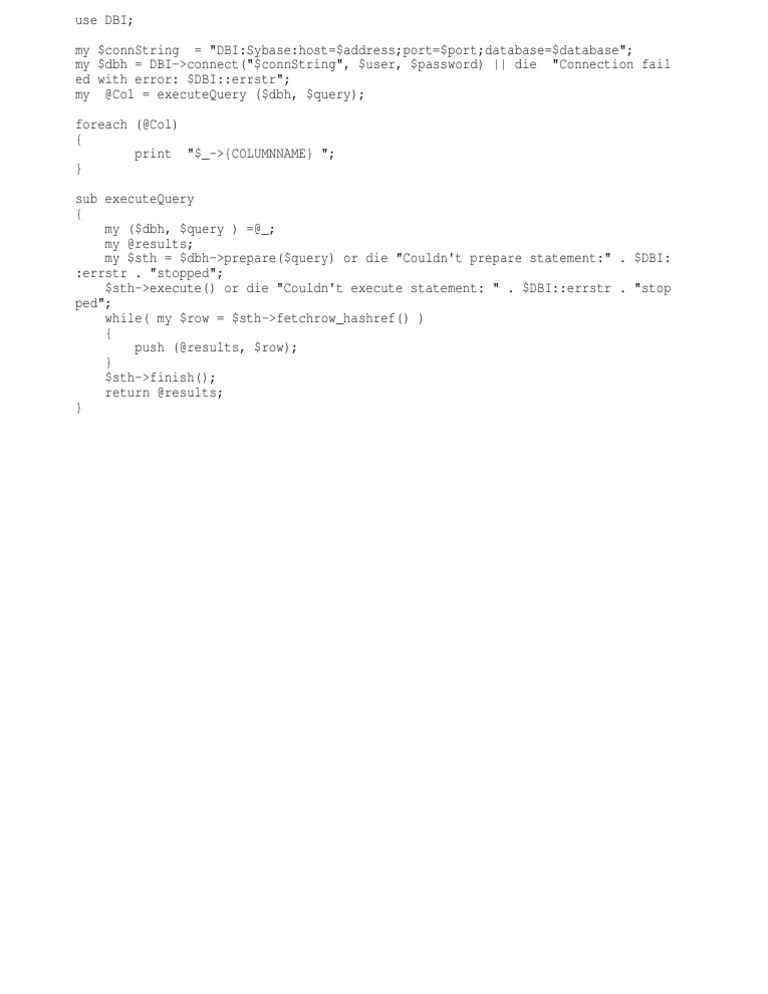 Example Perl Sybase Connection and Use of Array of Hash Reference | PDF