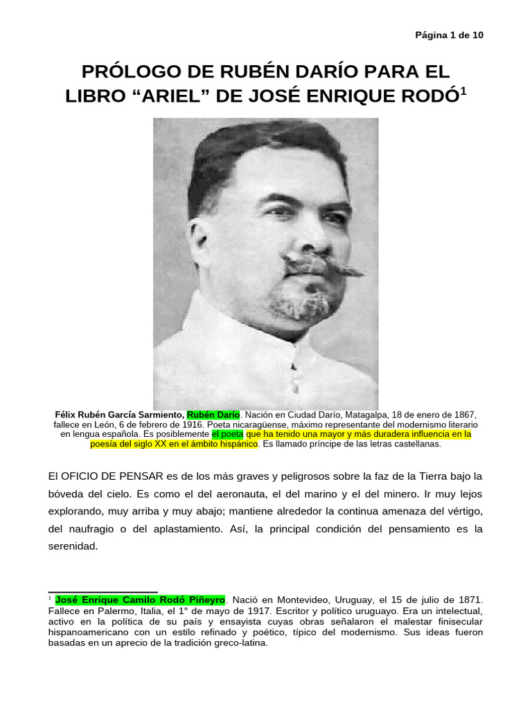 Darío, Rubén. Prólogo Al Libro Ariel, de José Enrique Rodó | PDF
