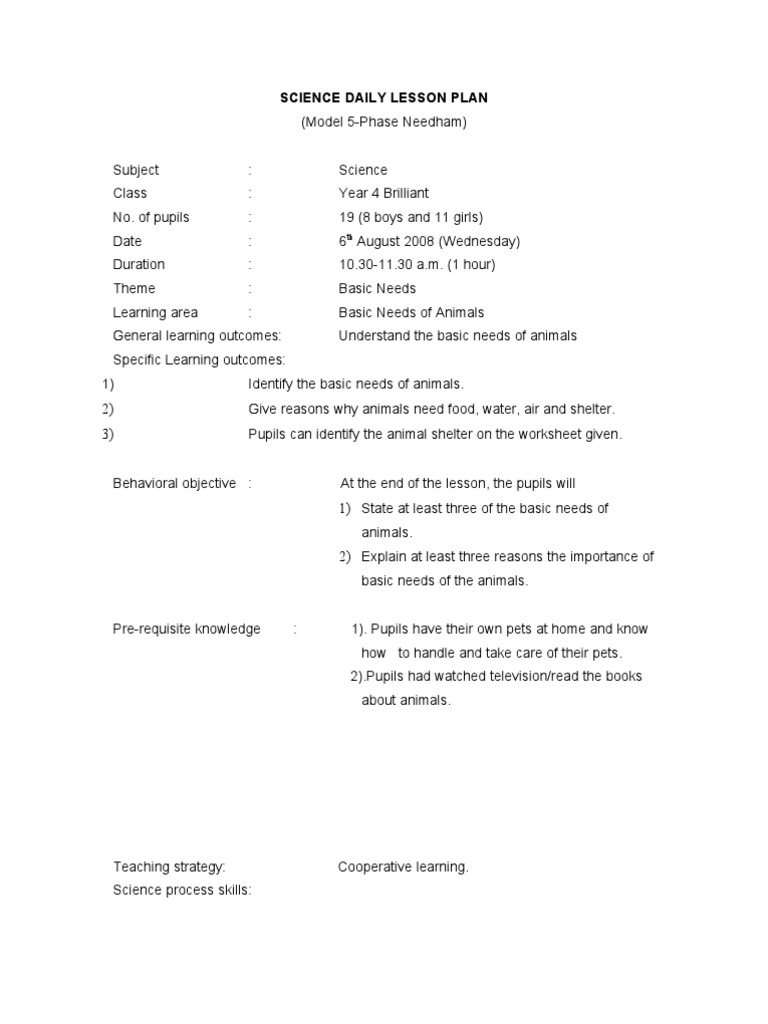 1 HOUR LESSON PLAN - 5 Phase Needham ModeL | PDF | Teaching | Learning