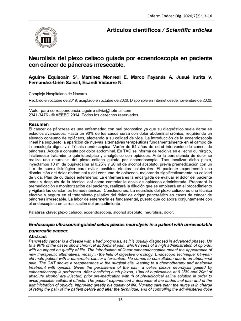 Neurolisis Del Plexo Celíaco Guiada Por Ecoendoscopia en Paciente Con ...