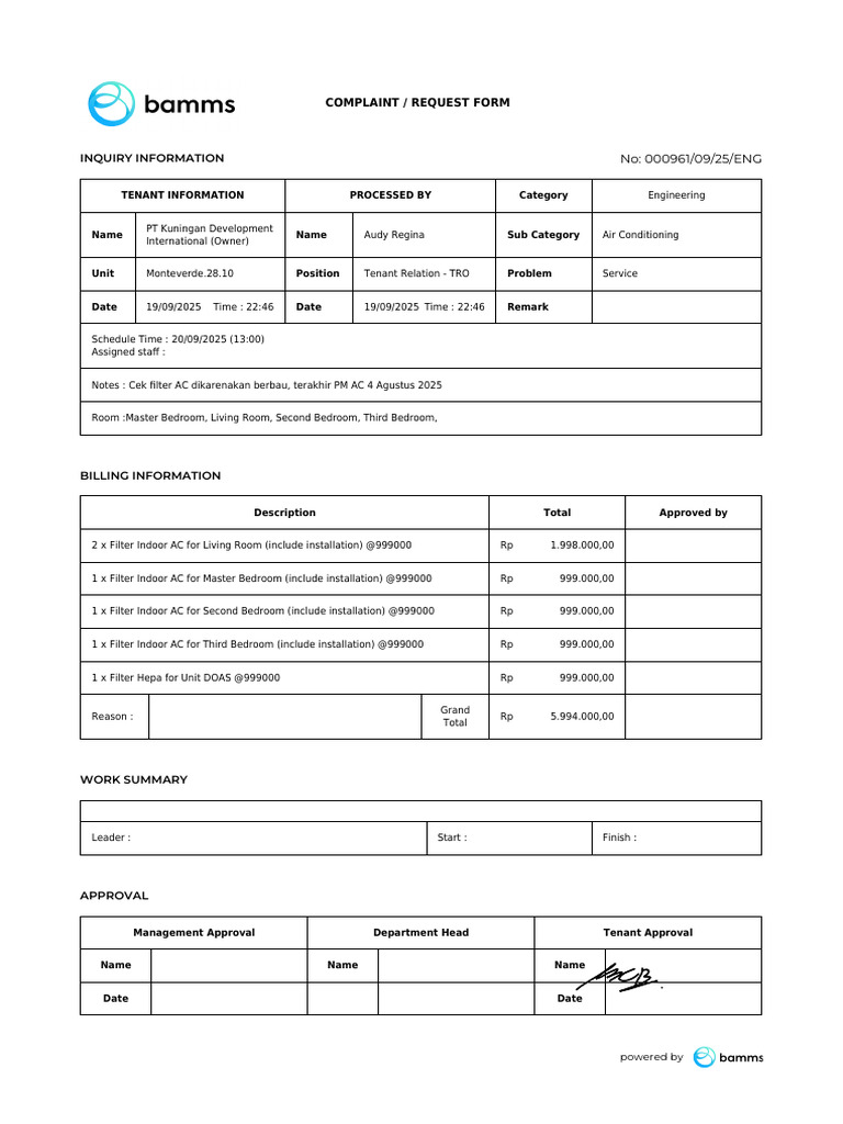 Air Conditioning Service Request Form | PDF