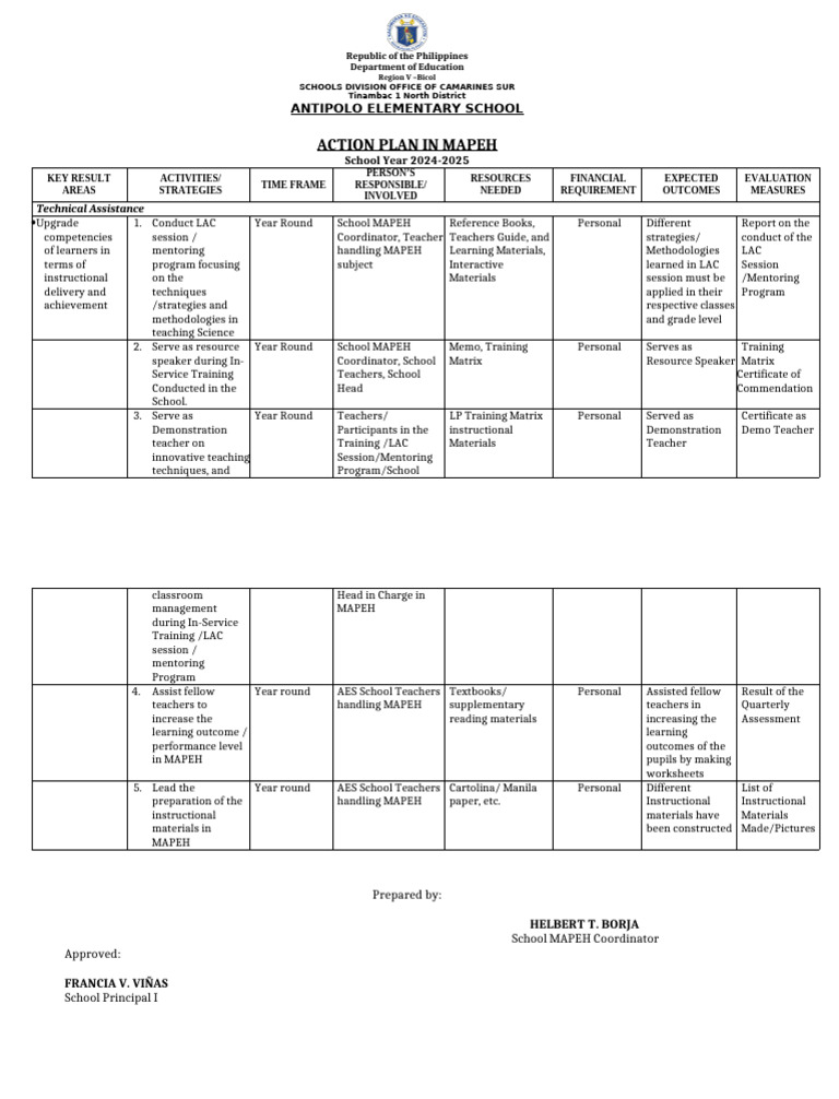 Action Plan in Mapeh Sy 2024-2025 | PDF | Teachers | Mentorship