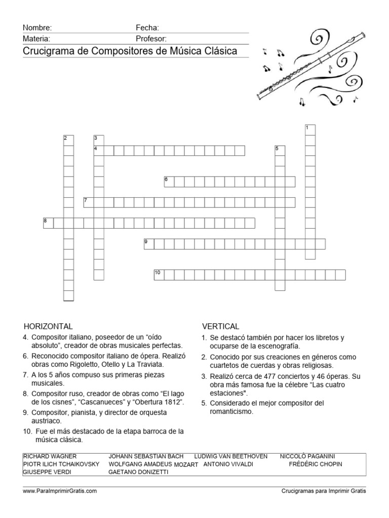 Crucigrama de Compositores Clásicos | PDF
