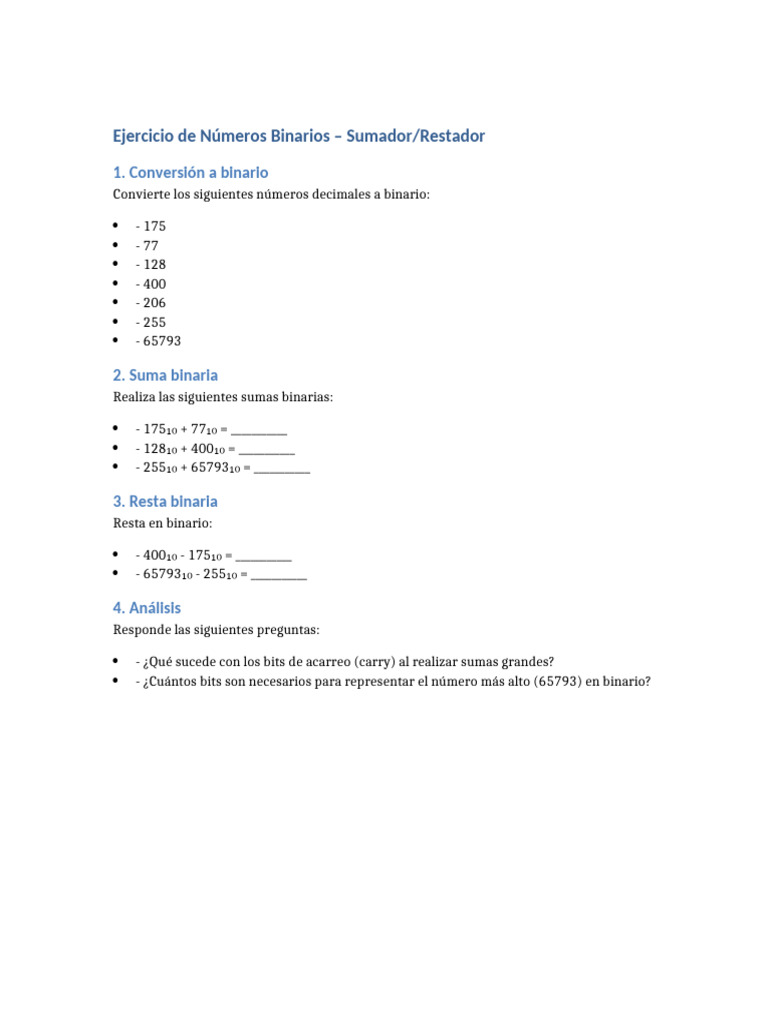 Ejercicio Numeros Binarios Sumador Restador | PDF