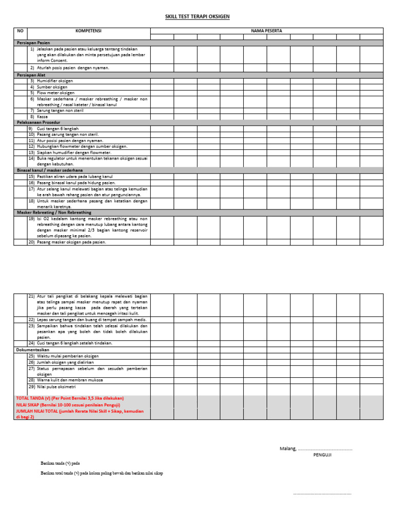 Fix - Check List Skill Test Terapi Oksigen | PDF
