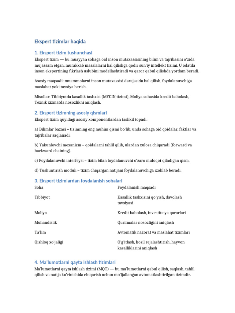 Ekspert Tizimlar Konspekt | PDF