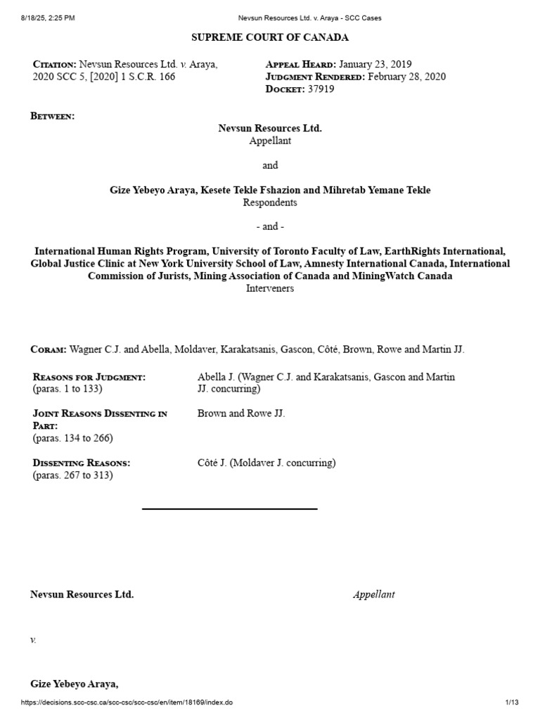 Nevsun Resources Ltd. v. Araya - SCC Cases | PDF | Tort | International Law
