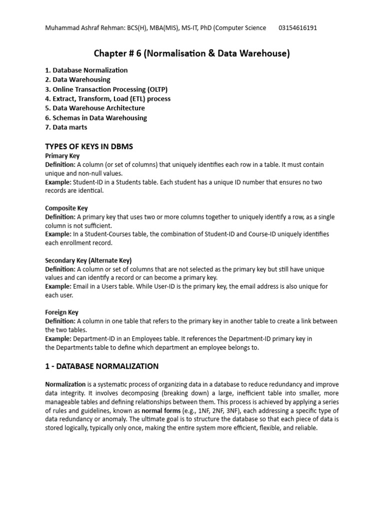 6 - Chapter # 6 Normalisation DWH | PDF | Data Warehouse | Databases