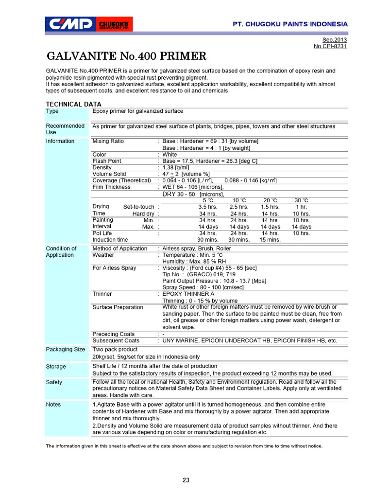 TDS Galvanite 400 Primer | PDF | Paint | Epoxy
