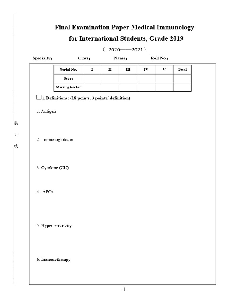 ExaminationPaper MedicalImmunology | PDF | Immune System | Humoral Immunity