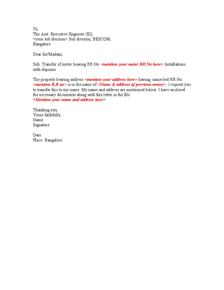 Letter For BESCOM Meter Transfer | PDF