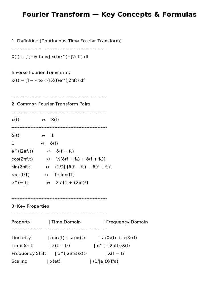 Fourier Transform Concepts & Formulas | PDF