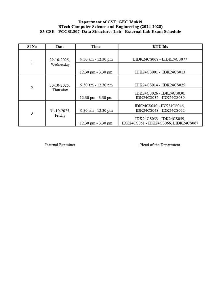 S3 Lab External Lab Exam Time Table | PDF