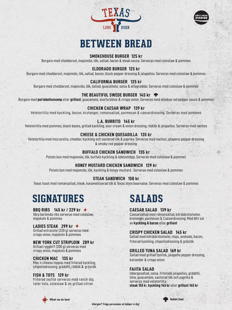 Texas Lunch Menu Fleminggatan Web | PDF