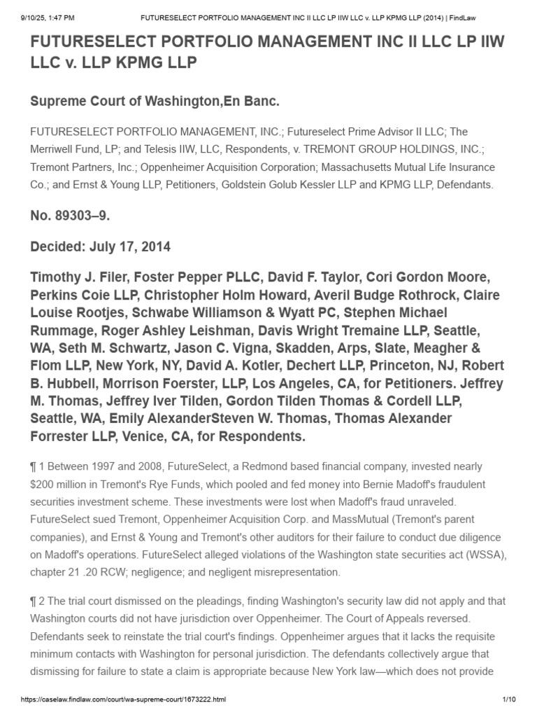 Inc v. Tremont Group Holdings 331 P.3d 29 (Wash. 2014) | PDF | Federal ...