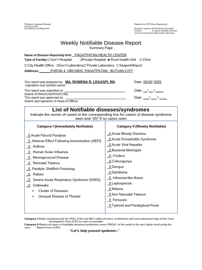 Weekly Notifiable Disease Report Form | PDF | Medicine | Human Diseases ...