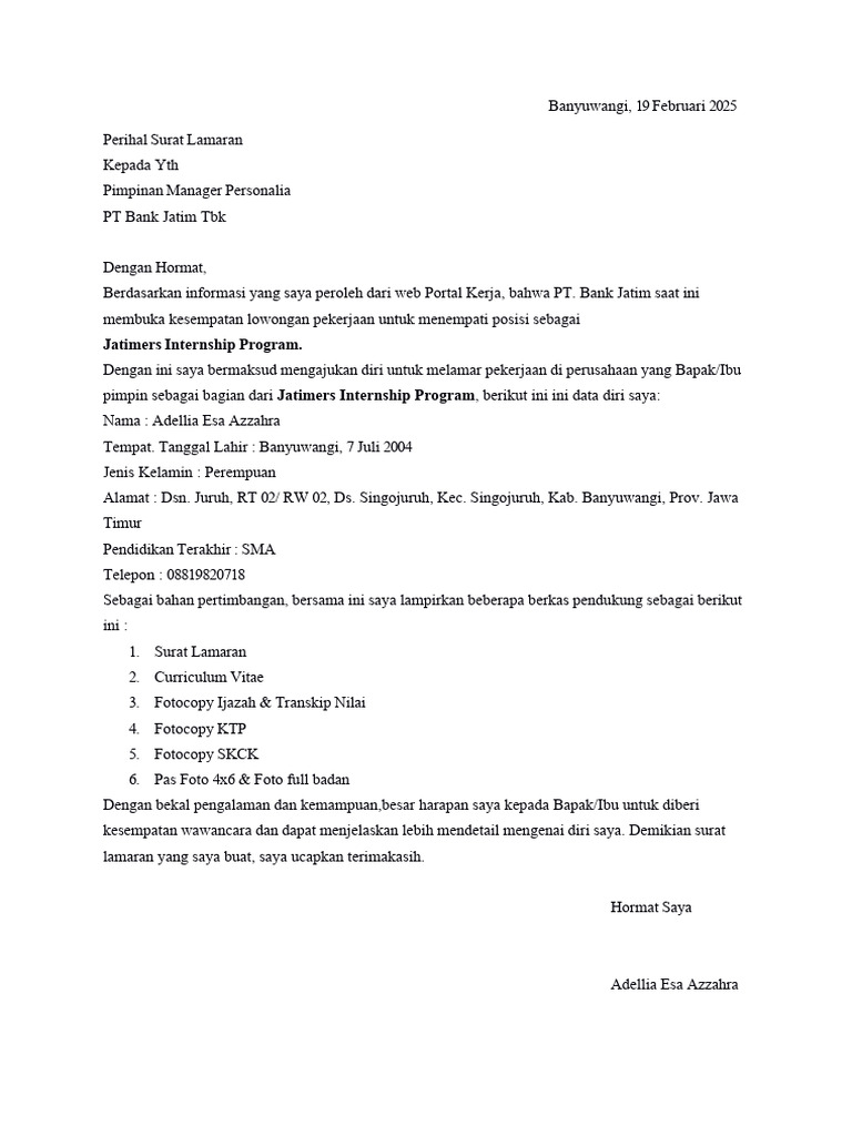 Surat Lamaran Jatimers Internship Program | PDF