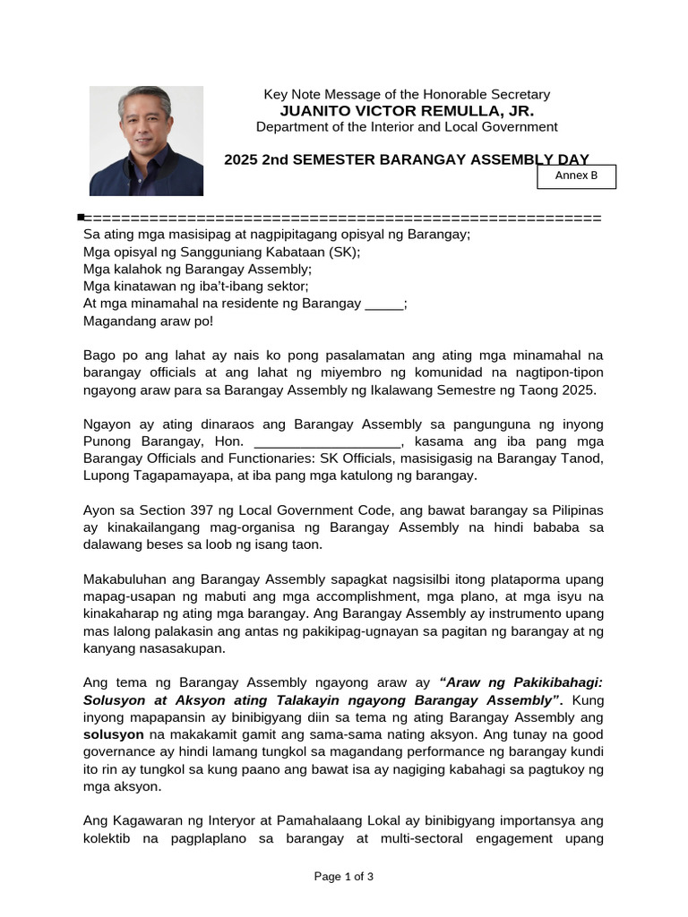 Annex I Silg Message 2025 2nd Semester Barangay Assembly Day | PDF