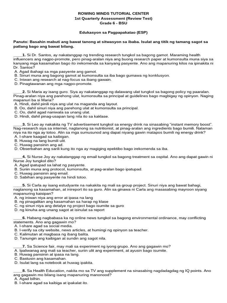 Dai Bsu g6 q1 (Esp, Fil, AP, Tle) | PDF