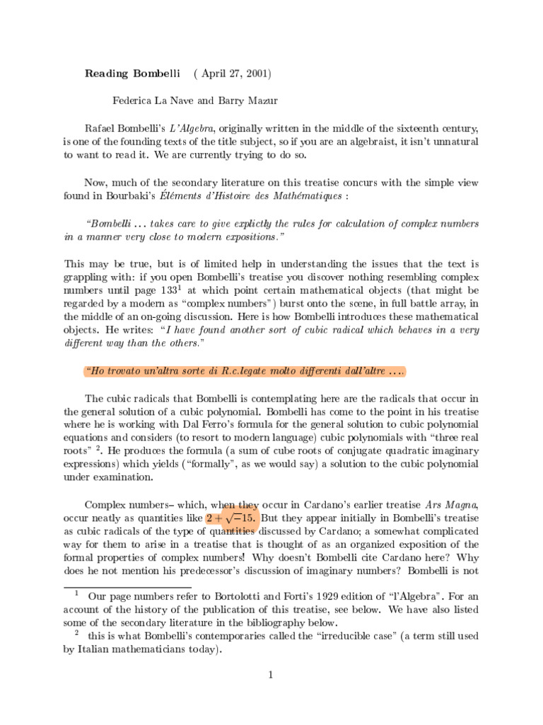 Reading Bombelli - Federica La Nave e Barry Mazur | PDF