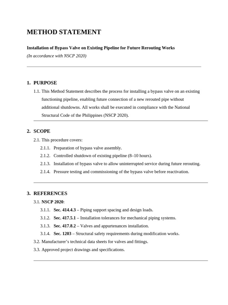 Method Statement - Pipe Rerouting | PDF | Pipe (Fluid Conveyance) | Valve