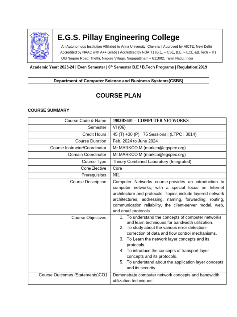 Course Plan 1902bs601 - Computer Networks (2023-24 Even Semester) | PDF | Computer Network ...
