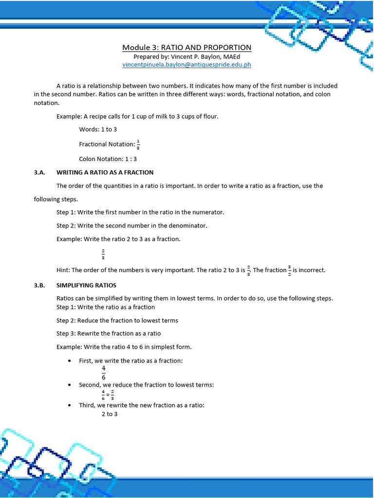 Module 3 Ratio and Proportion | PDF | Ratio | Mathematical Objects