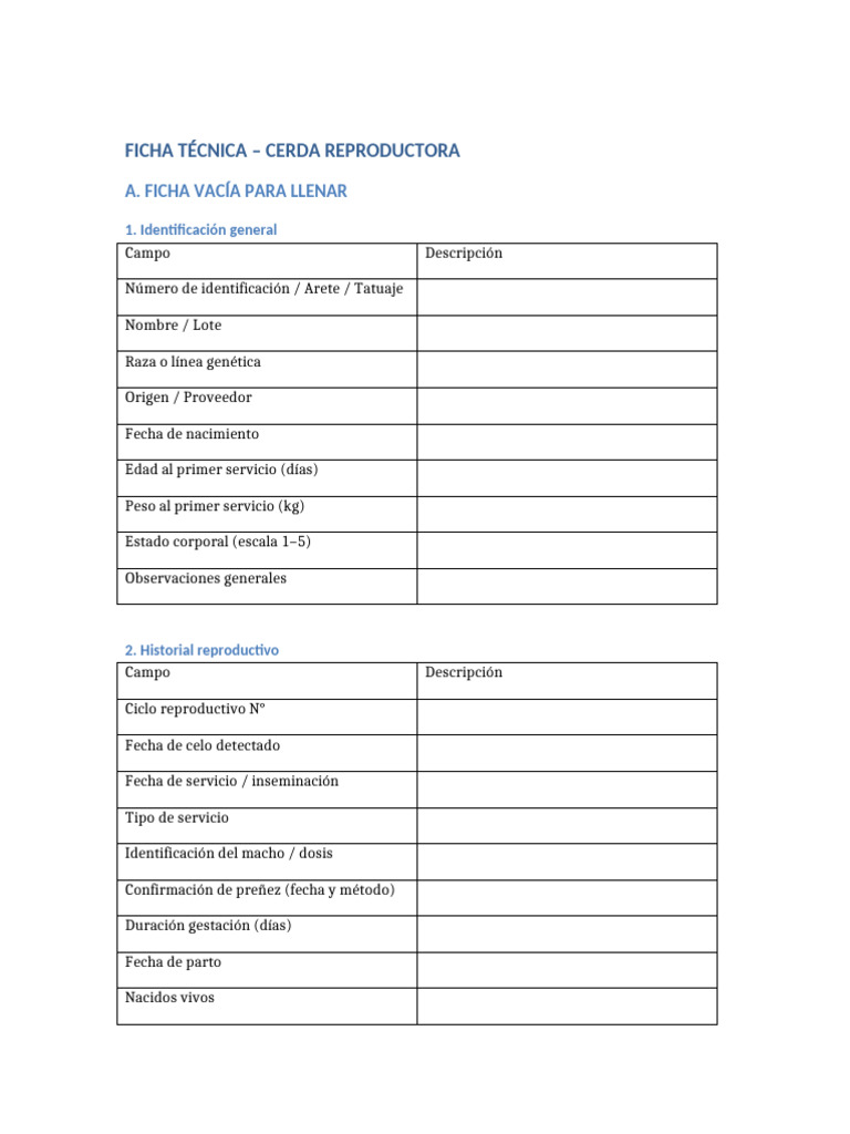 Ficha Técnica de Cerda Reproductora | PDF | Destete | Especialidades ...