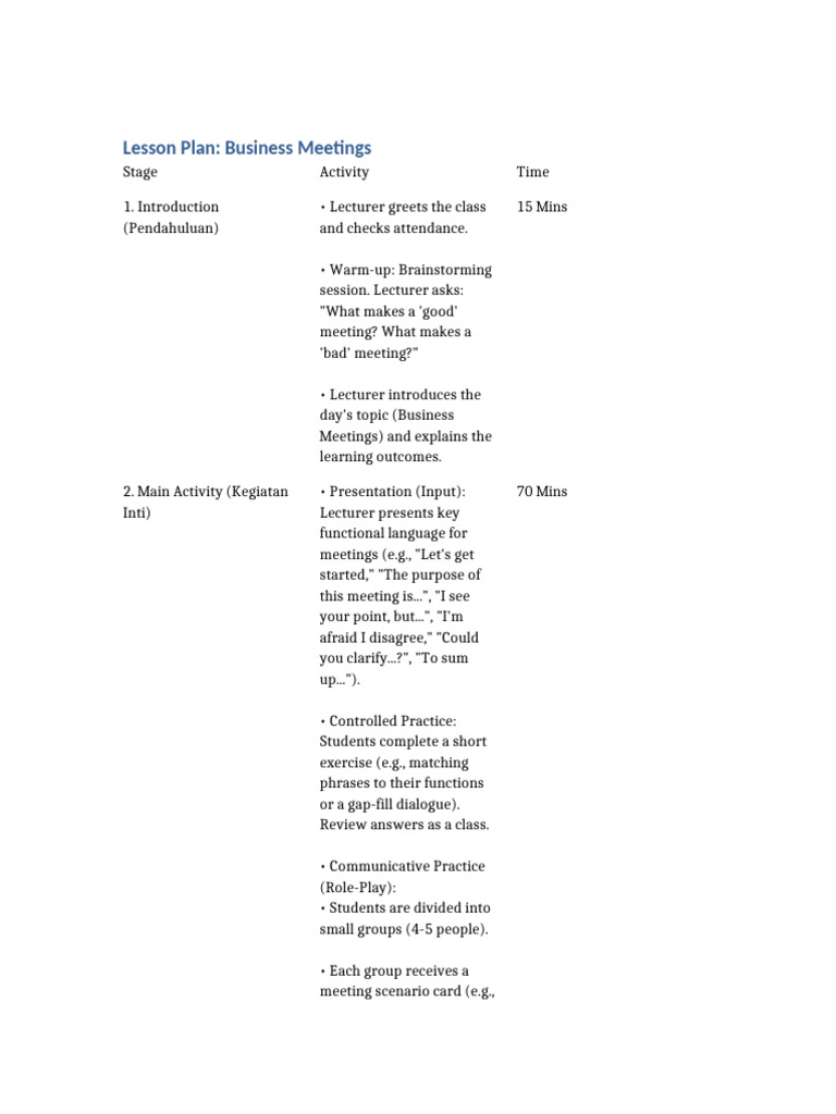 Business Meetings Lesson Plan | PDF | Human Communication | Learning