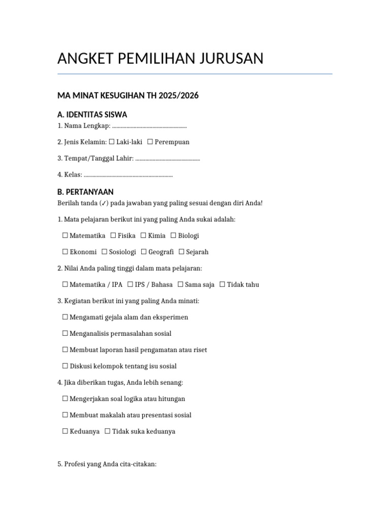 Angket Minat Jurusan MA 2025/2026 | PDF