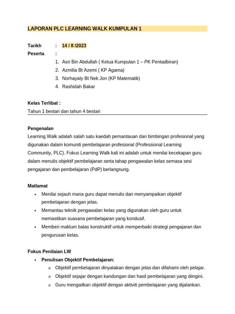 Laporan Learning Walk Kumpulan 1 2023 | PDF