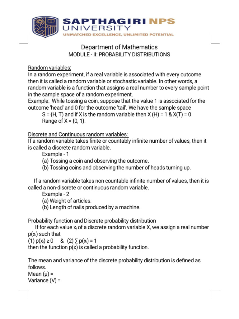Module - 2 - Probability Distribution | PDF | Probability Distribution | Random Variable