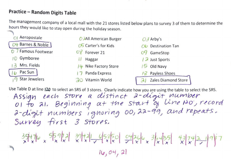 Practice - Random Digits Table KEY | PDF