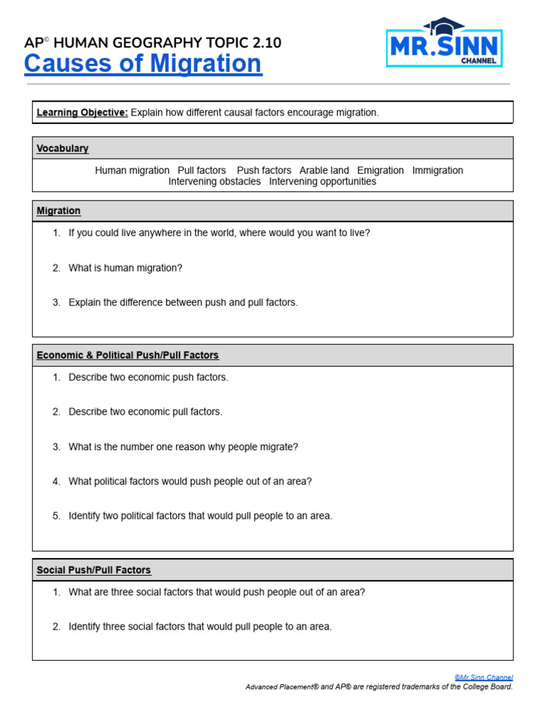 Causes of Migration: AP Human Geography Topic 2.10 | PDF | Human ...