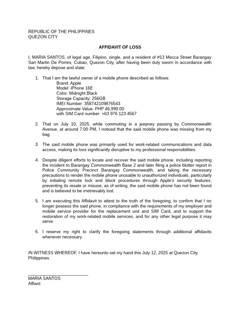 Sample Legal Forms 3 - Affidavit of Loss | PDF | Affidavit | Mobile Phones