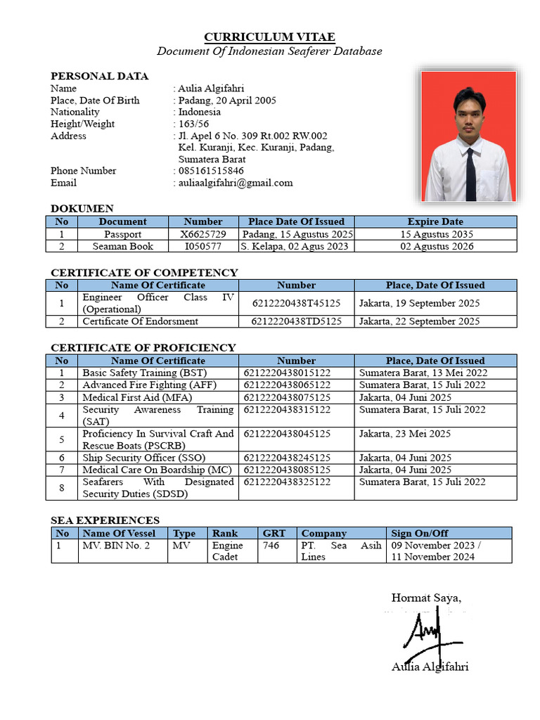 Curriculum Vitae Aulia Algifahri Oke | PDF | Sailor | Transport