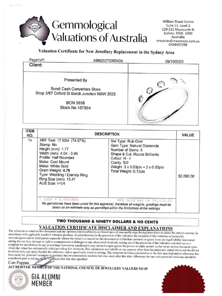 Clean 2090 Valuation Certificate 017000157954 | PDF