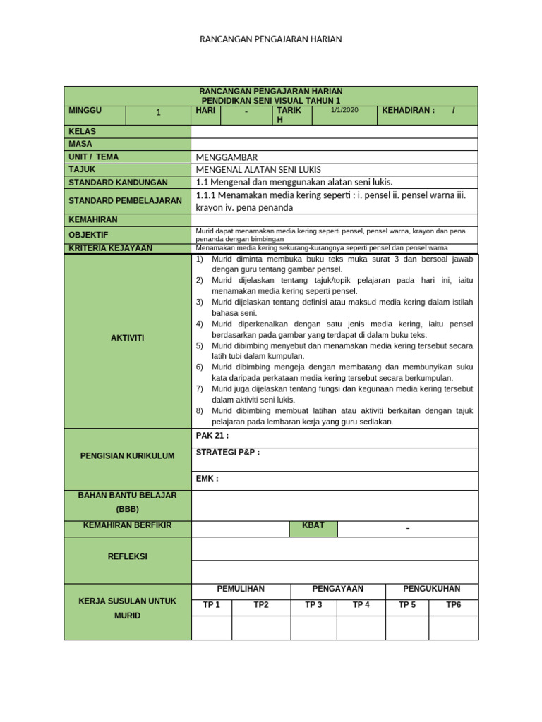 RPH PSV Tahun 1 (Unit 1 Menggambar) | PDF