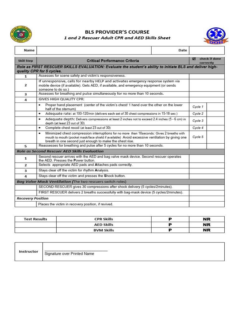 1 and 2 Rescuer Adult BLS and AED Skills Sheet 032618 v2 | PDF ...