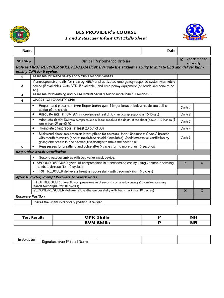 1 and 2 Rescuer Infant BLS Skills Sheet 032618 v2 | PDF ...