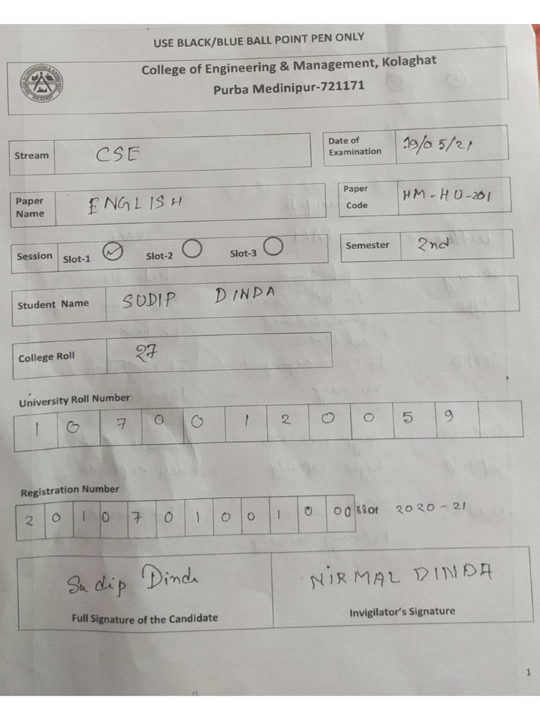English Exam Roll 27 | PDF