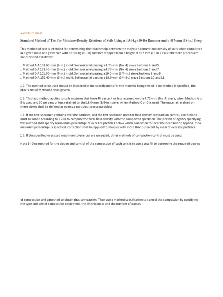 AASHTO T 180: Soil Moisture-Density Test | PDF