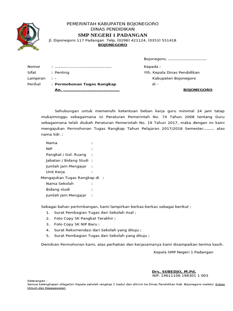 Blangko Permohonan Tugas Rangkap SMP-SMA-SMK | PDF