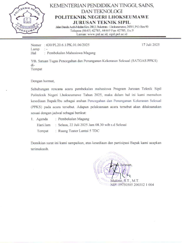 Surat Pembekalan Magang (Untuk SATGAS PPKS) | PDF