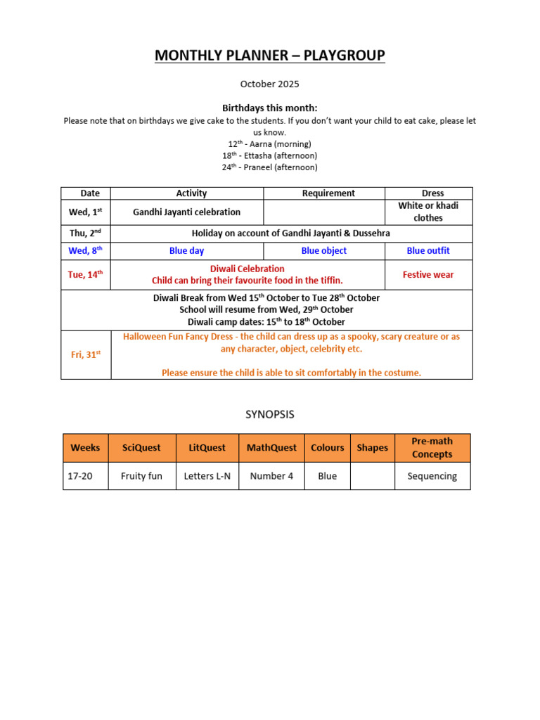 October 2025 Playgroup Monthly Planner | PDF