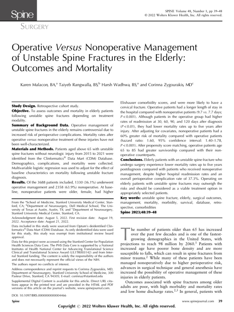 Operative Versus Nonoperative Management of Unstable Spine Fractures in ...