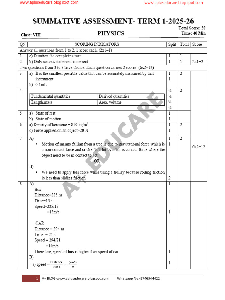 Summative Assessment Physics 2025-26 | PDF | Force | Classical Mechanics